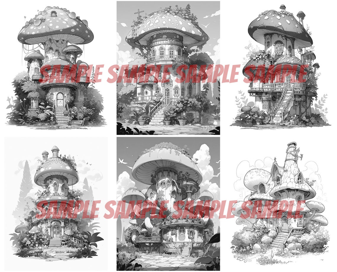 Fantasy Fairy Mushroom Homes Coloring Pages, Adult Coloring Pages, Kids ...