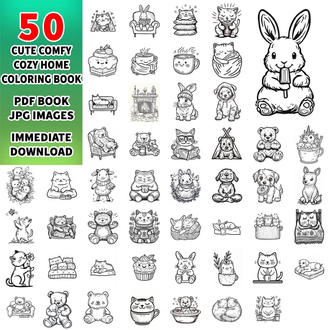 Cute Comfy Things Adult Coloring Pages for Kids Digital Coloring Book ...