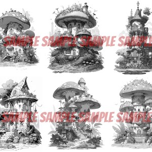 Fantasy Fairy Mushroom Homes Coloring Pages, Adult Coloring Pages, Kids ...