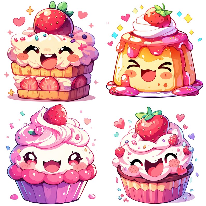 Kawaii Dessert Vector PNG Clipart Bundle 1, Cute Dessert Clipart, Cake ...