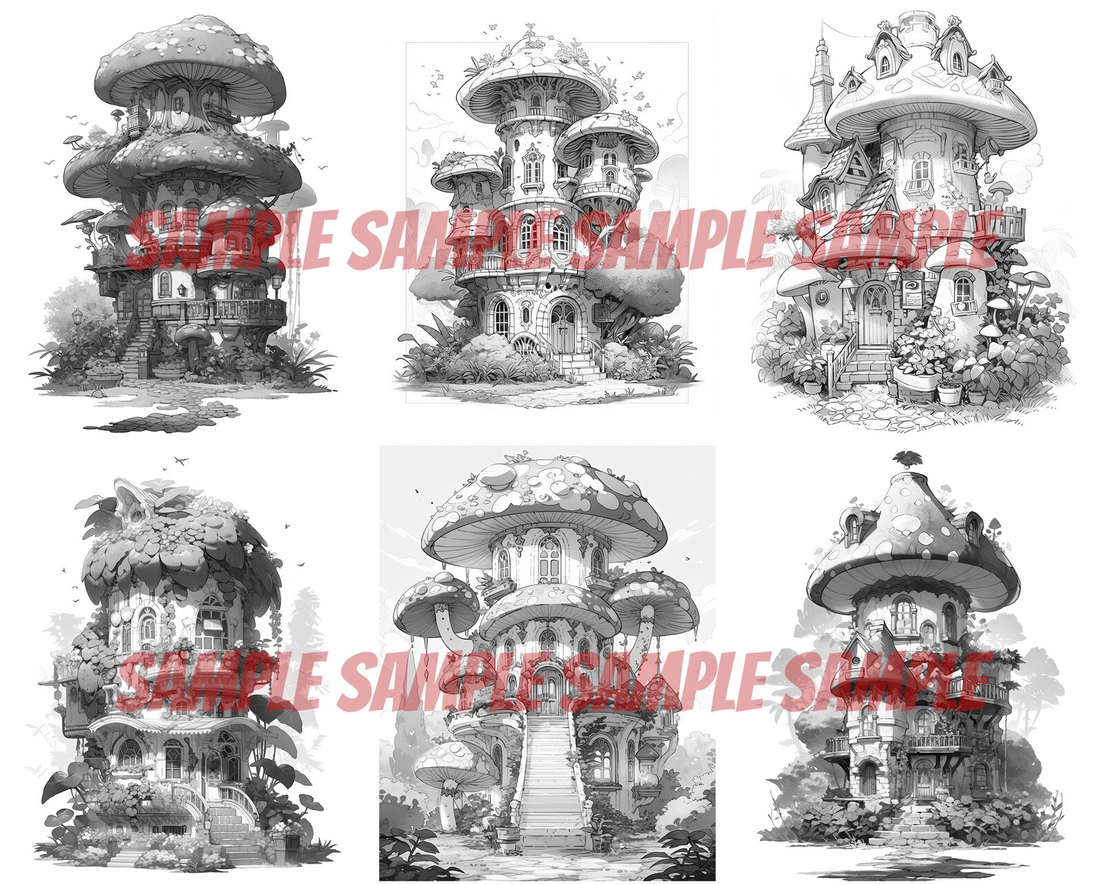 Fantasy Fairy Mushroom Homes Coloring Pages, Adult Coloring Pages, Kids ...