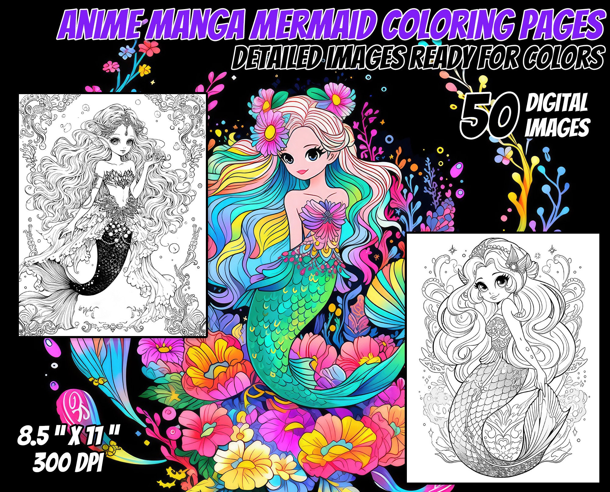Mermaid Coloring Book: Anime Style - 50 Printable Pages - Etsy