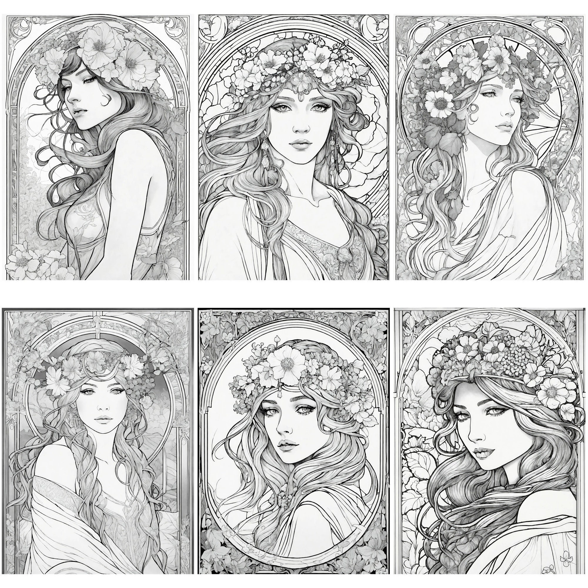 Beautiful Women Alphonse Mucha Coloring Pages 50 Images Adult Coloring ...