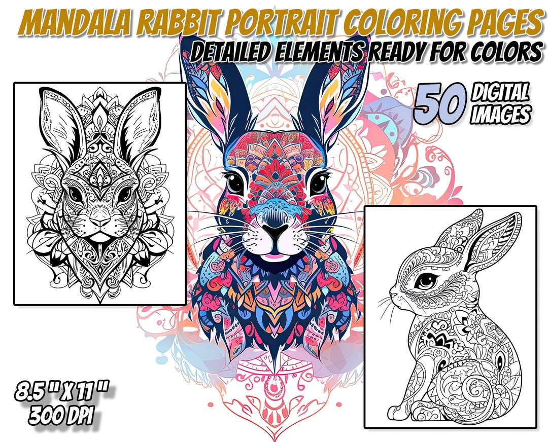 50 Rabbit Mandala Portraits Coloring Pages for Adults Kids and Teens, 8 ...