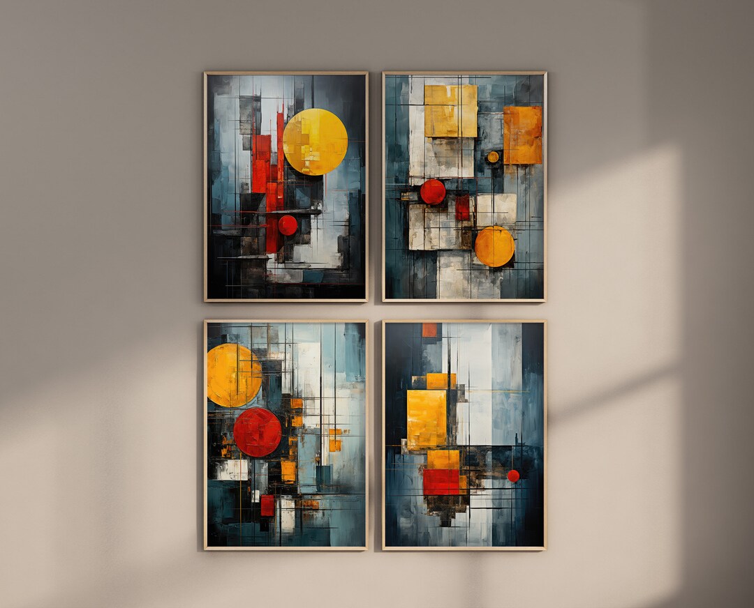 Red Yellow Black Cubist Oil Painting Bundle Poster Set, Industrial ...
