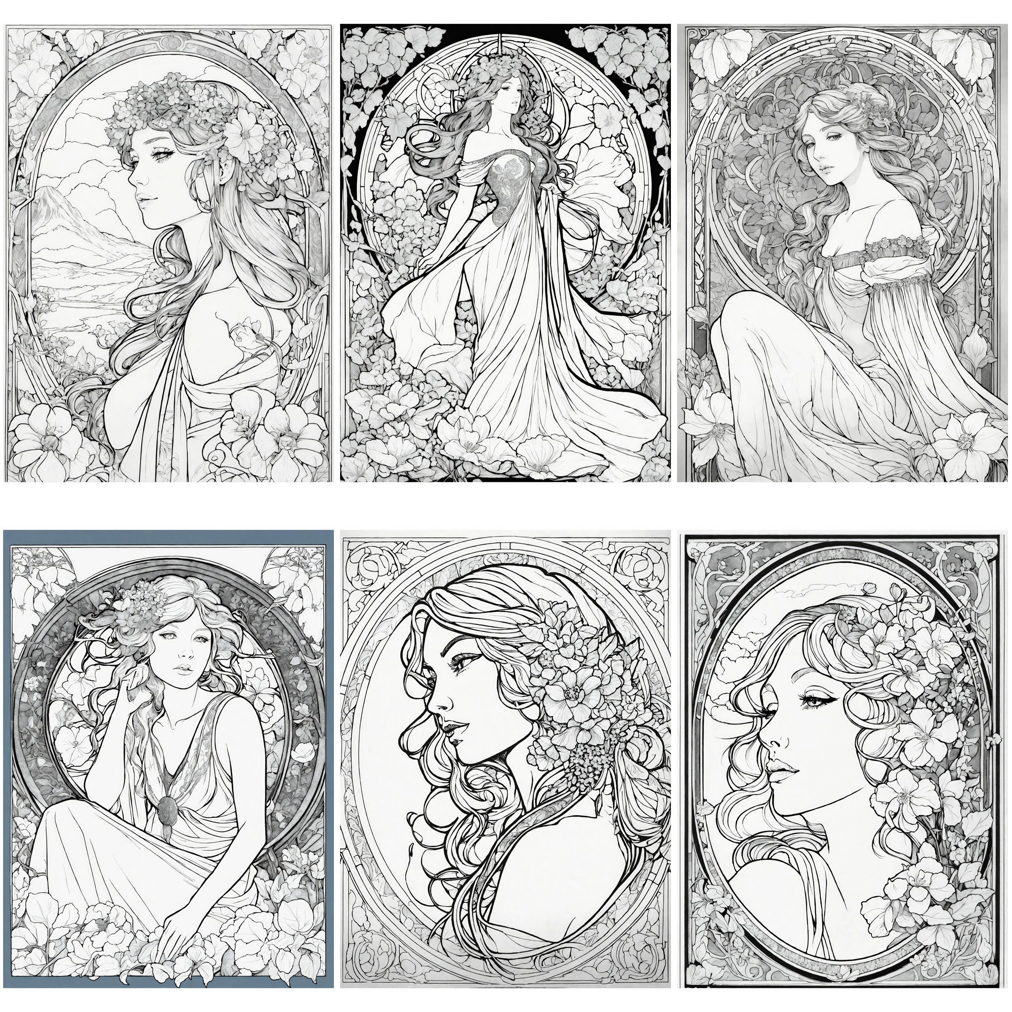 Beautiful Women Alphonse Mucha Coloring Pages 50 Images Adult Coloring ...