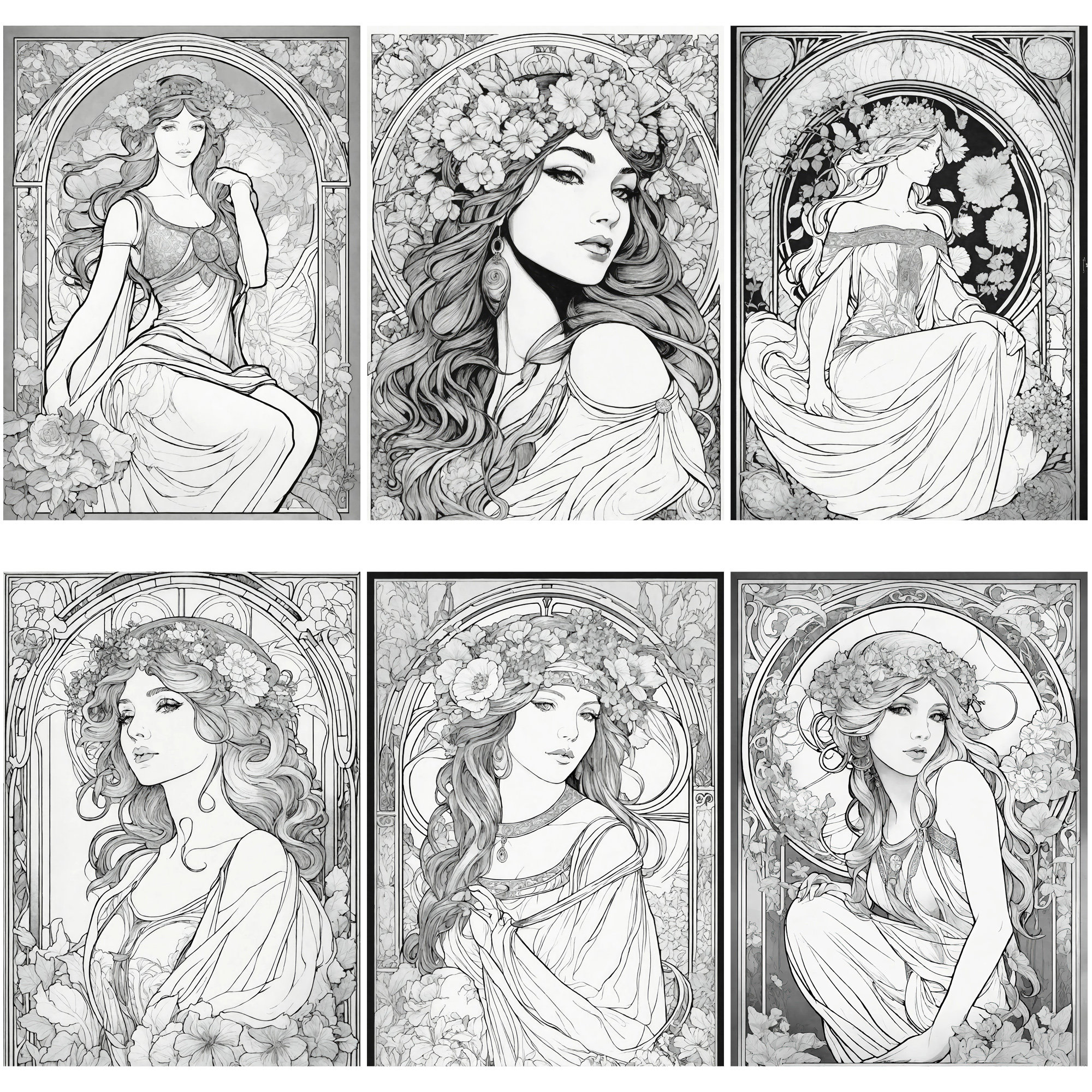 Alphonse Mucha Coloring Pages - 50 Art Nouveau Women Designs - Etsy