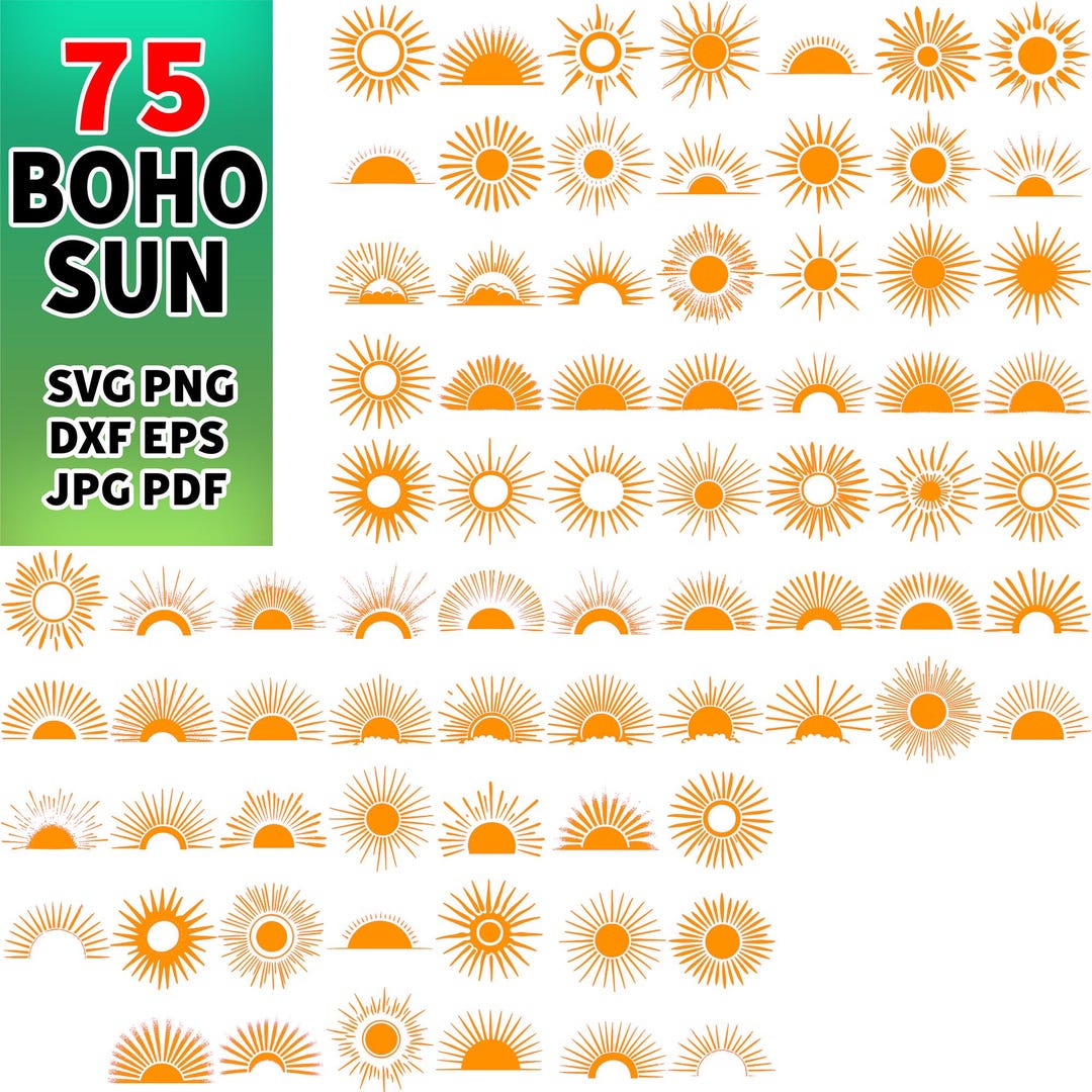 Boho Sun SVG Bundle, Minimalist Sunrise and Sunset (75 Clipart Images ...
