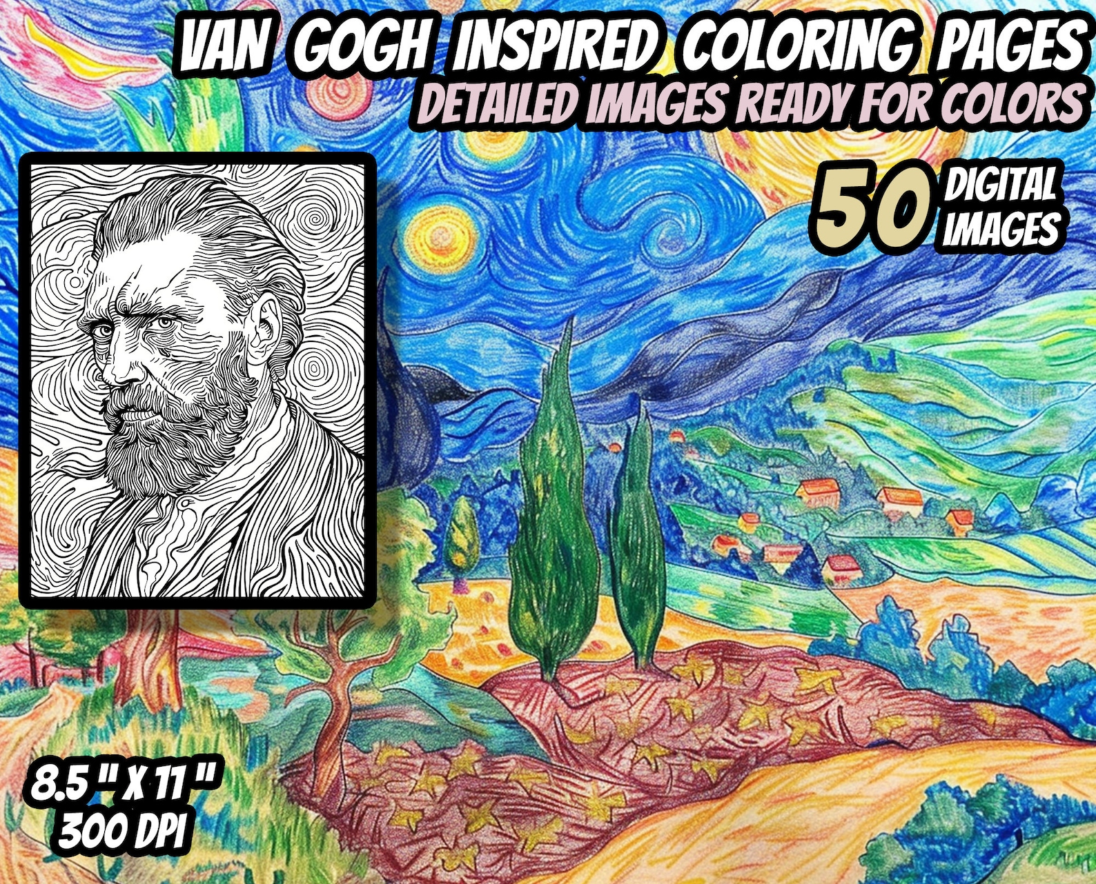 Van Gogh Coloring Pages: 50 Impressionism Art Images (digital Download ...