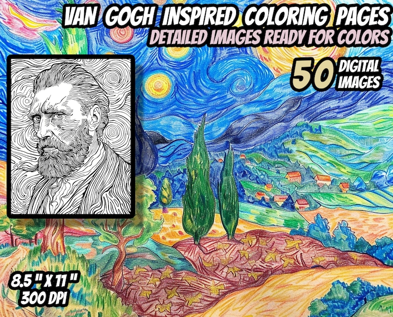 Van Gogh Coloring Pages: 50 Impressionism Art Images (digital Download ...