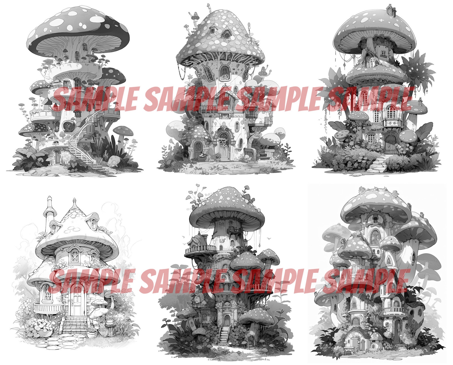 Fantasy Fairy Mushroom Homes Coloring Pages, Adult Coloring Pages, Kids ...