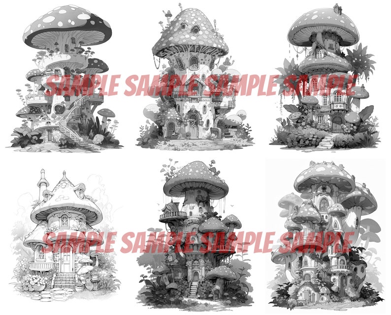 Fantasy Fairy Mushroom Homes Coloring Pages, Adult Coloring Pages, Kids ...