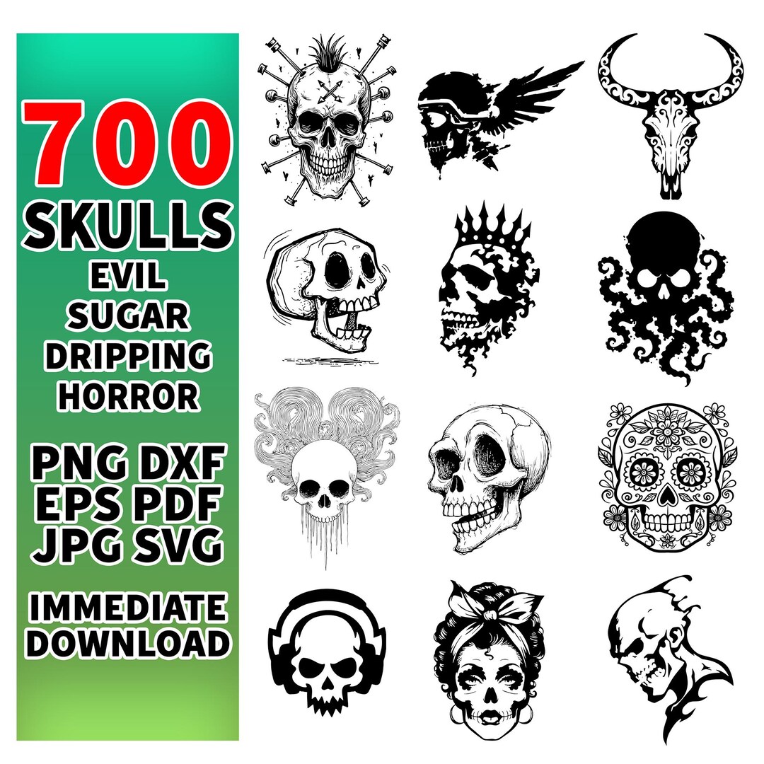 Skulls Svg Bundle, Skull Svg Files for Cricut, Tattoo Clipart, Vector ...