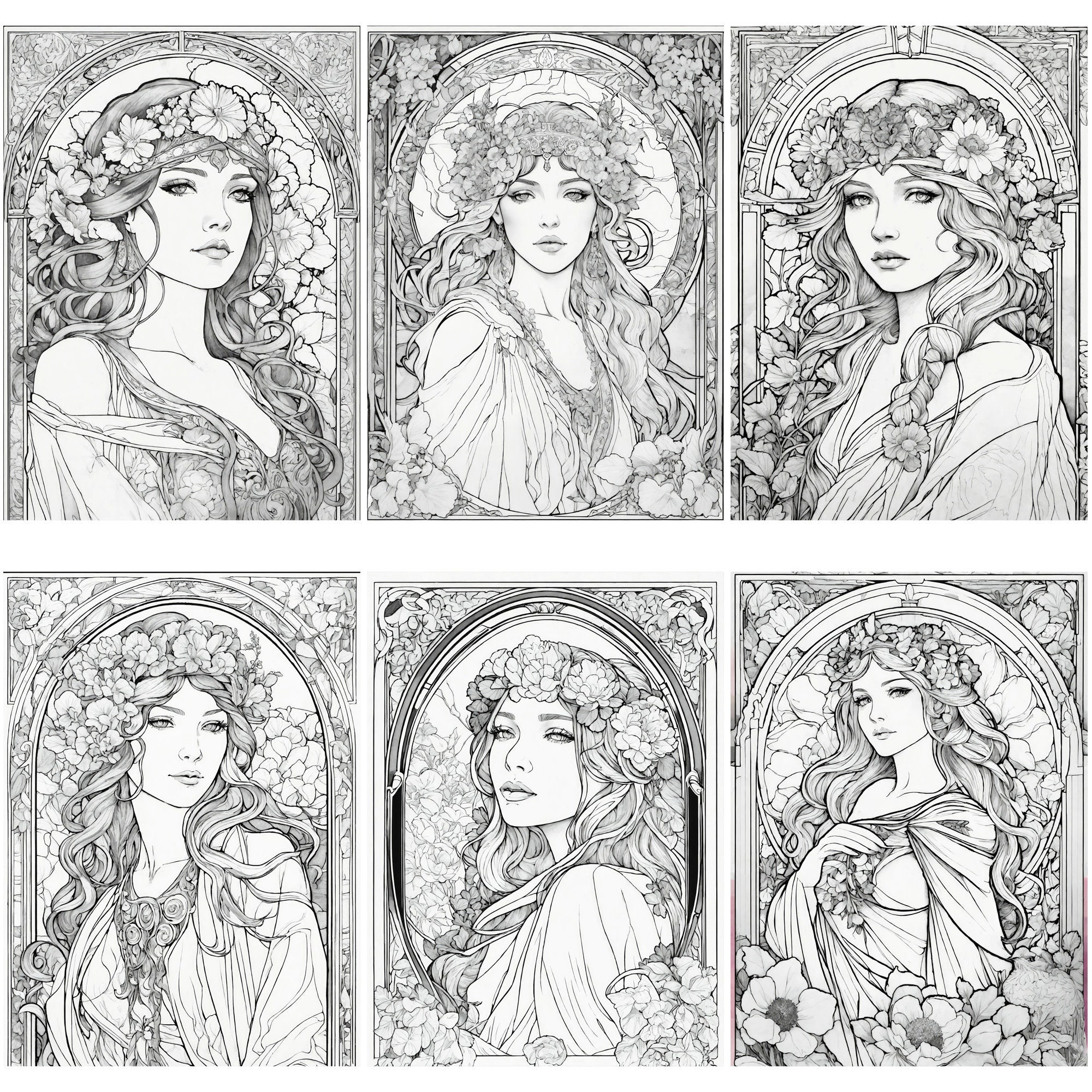 Beautiful Women Alphonse Mucha Coloring Pages 50 Images Adult Coloring ...