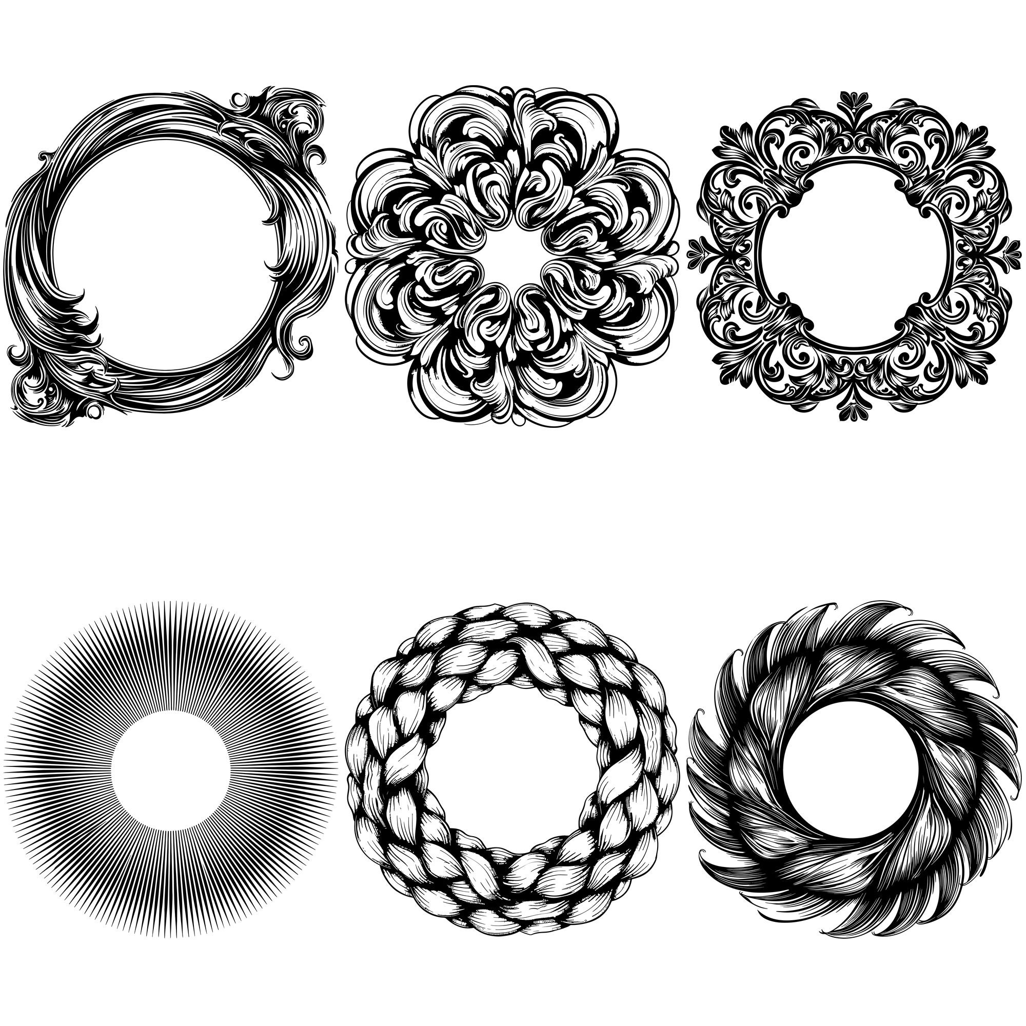 50 Circular Frame Bundle Clipart Set / Outline & Stamp Graphics ...