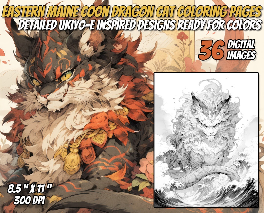 Maine Coon Dragon Cat Coloring Pages (japanese Ukiyo-e, Printable) - Etsy