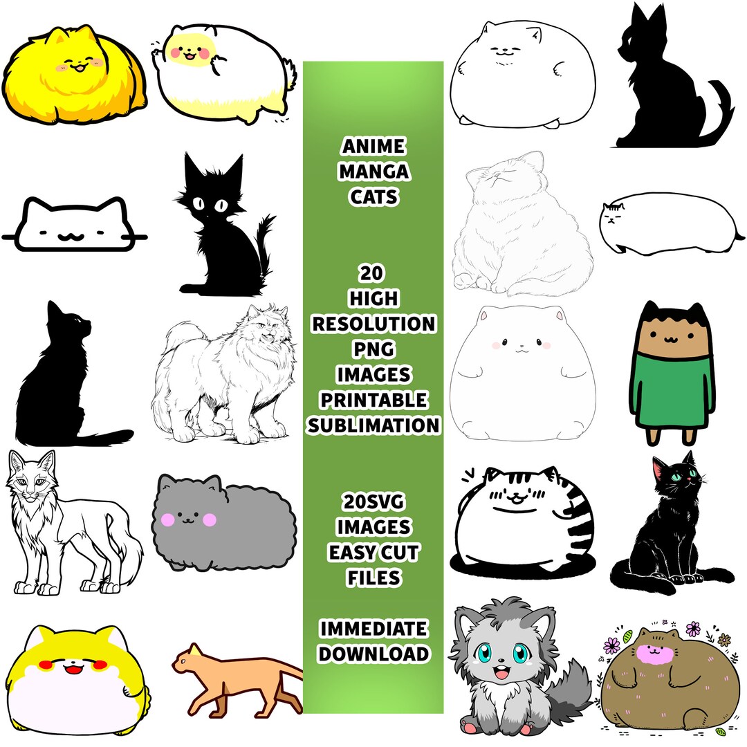 Anime Cat Svg Bundle, Cat Svg Files for Cricut, Anime Clipart, Vector ...