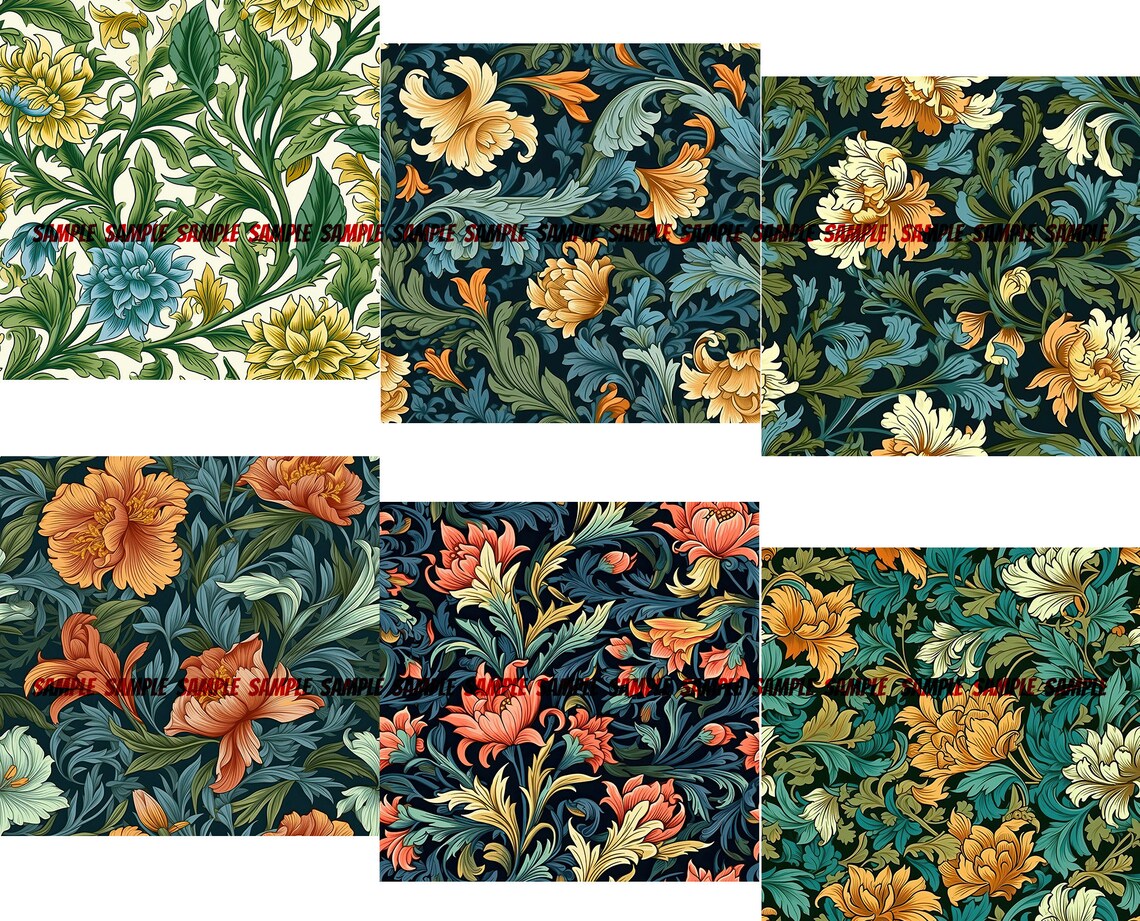 24 William Morris Inspired Floral Seamless Patterns Pack 1: Digital ...