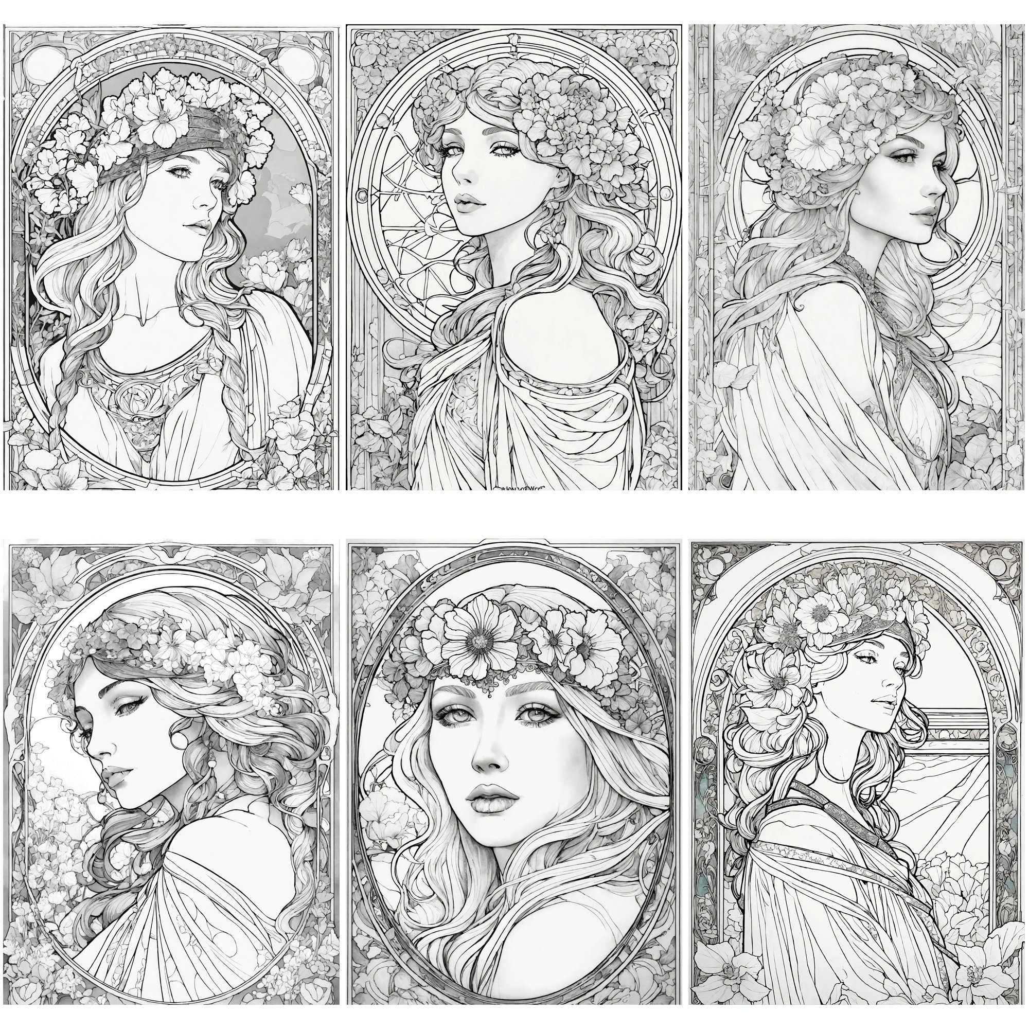 Beautiful Women Alphonse Mucha Coloring Pages 50 Images Adult Coloring ...