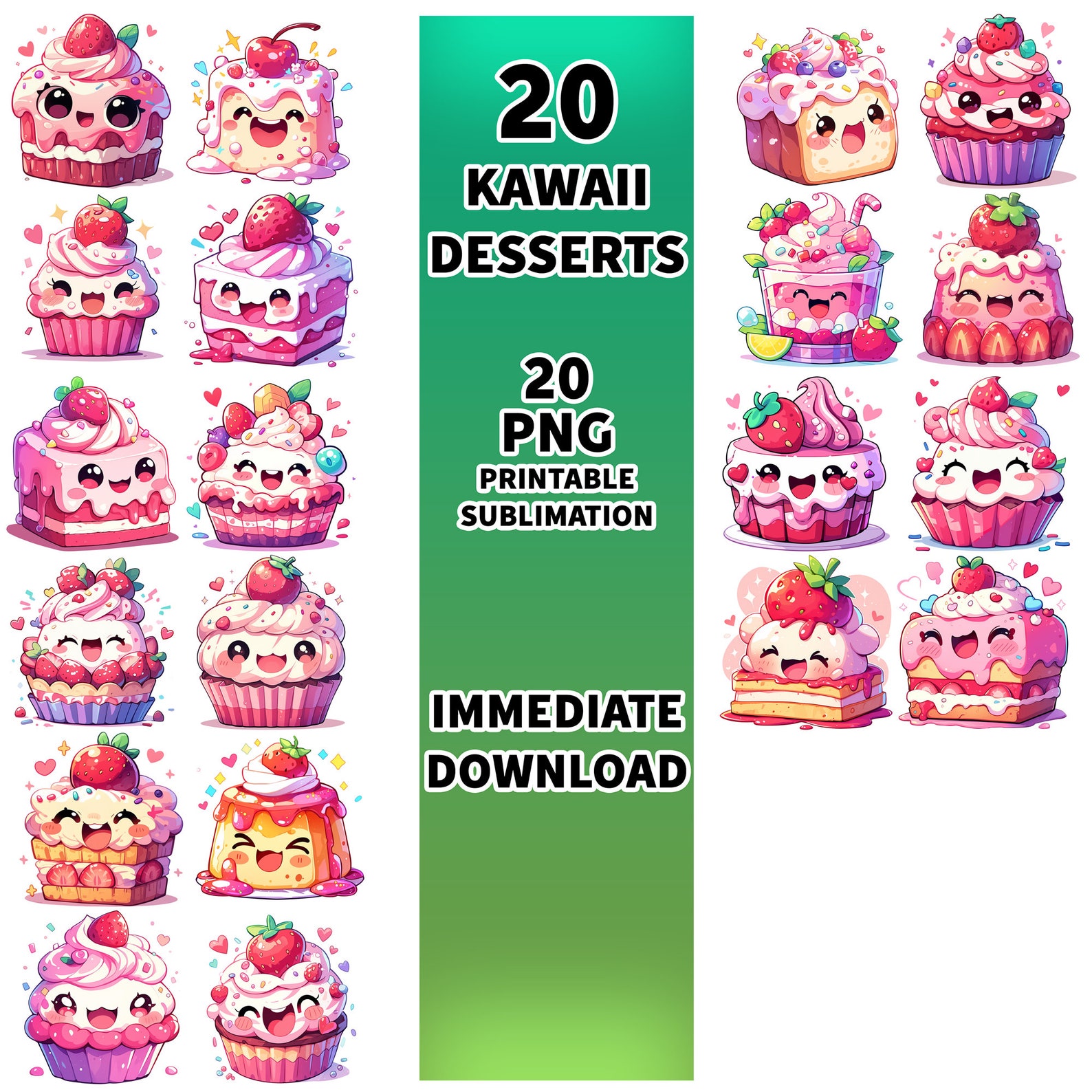 Kawaii Dessert Vector PNG Clipart Bundle 1, Cute Dessert Clipart, Cake ...