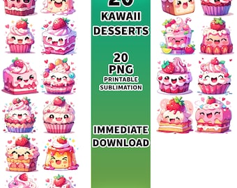 Kawaii Dessert Vector PNG Clipart Bundle 3, Cute Dessert Clipart, Cake ...