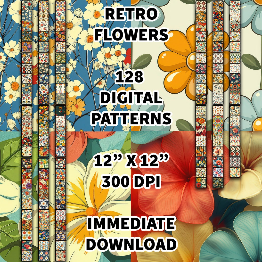 Retro Flowers Digital Paper Bundle, Flower Digital Paper, Floral ...