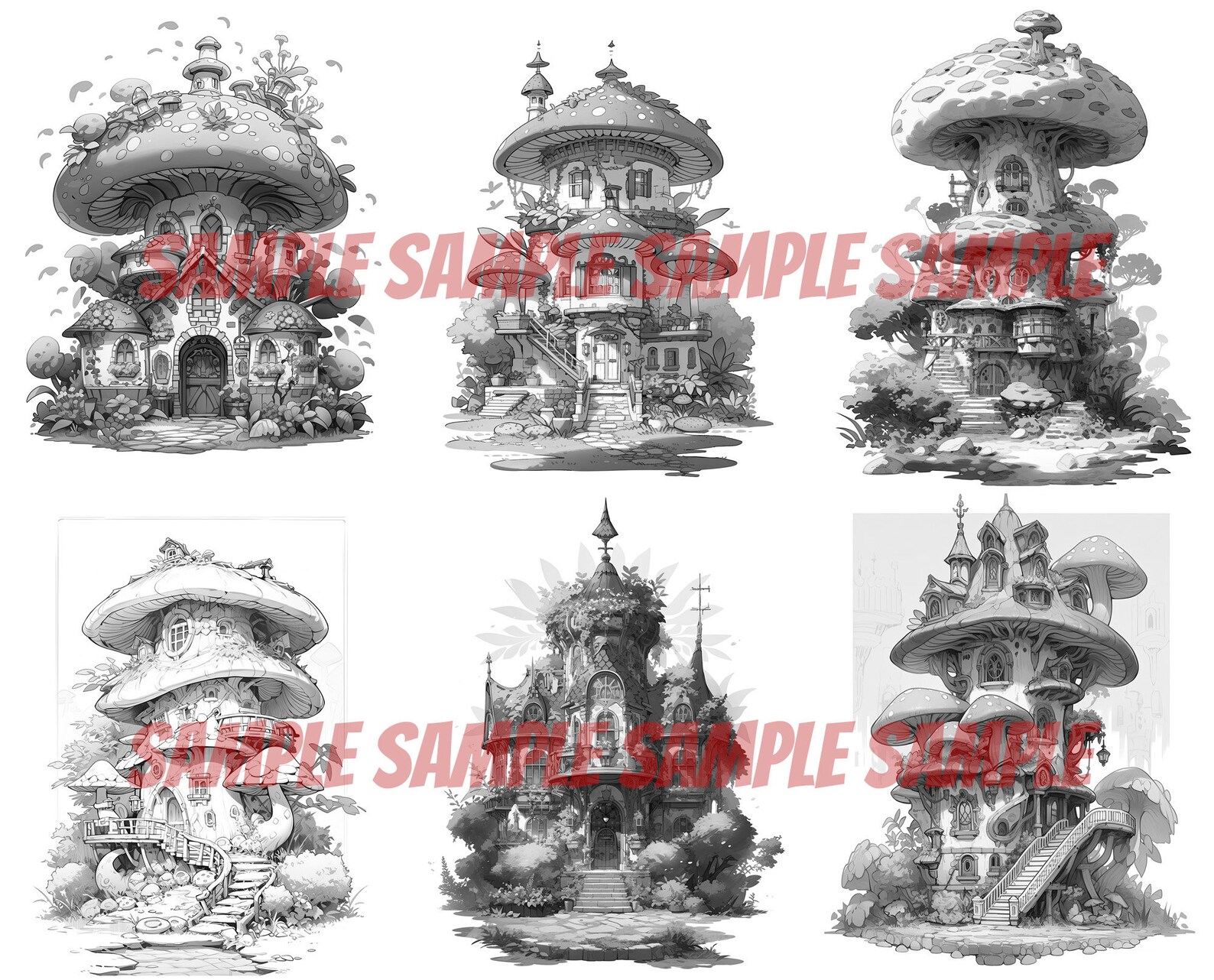 Fantasy Fairy Mushroom Homes Coloring Pages, Adult Coloring Pages, Kids ...