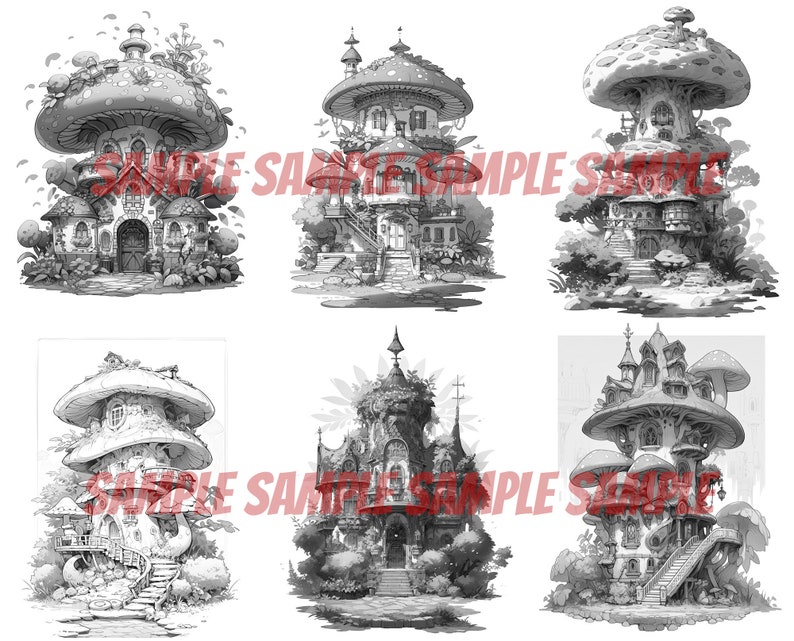 Fantasy Fairy Mushroom Homes Coloring Pages, Adult Coloring Pages, Kids ...