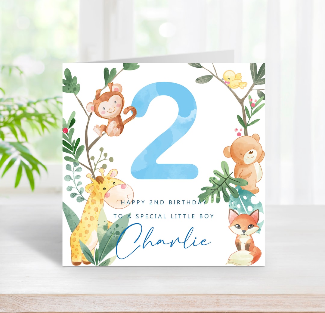 2nd Birthday Card Cute Cuddly Animals, Personalised Blue Boy Age 2 Card ...