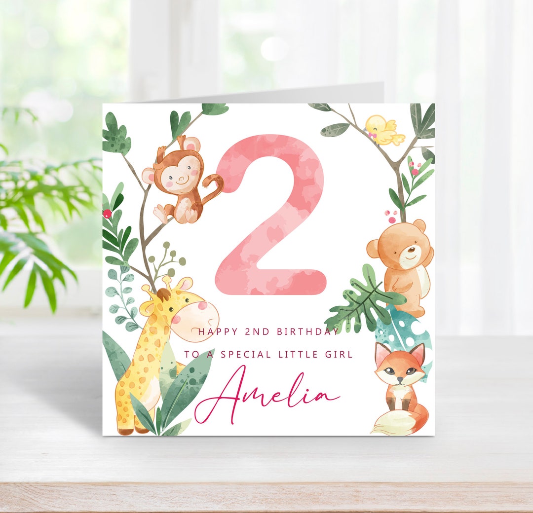 2nd Birthday Card Cute Cuddly Animals, Personalised Pink Girl Age 2 ...