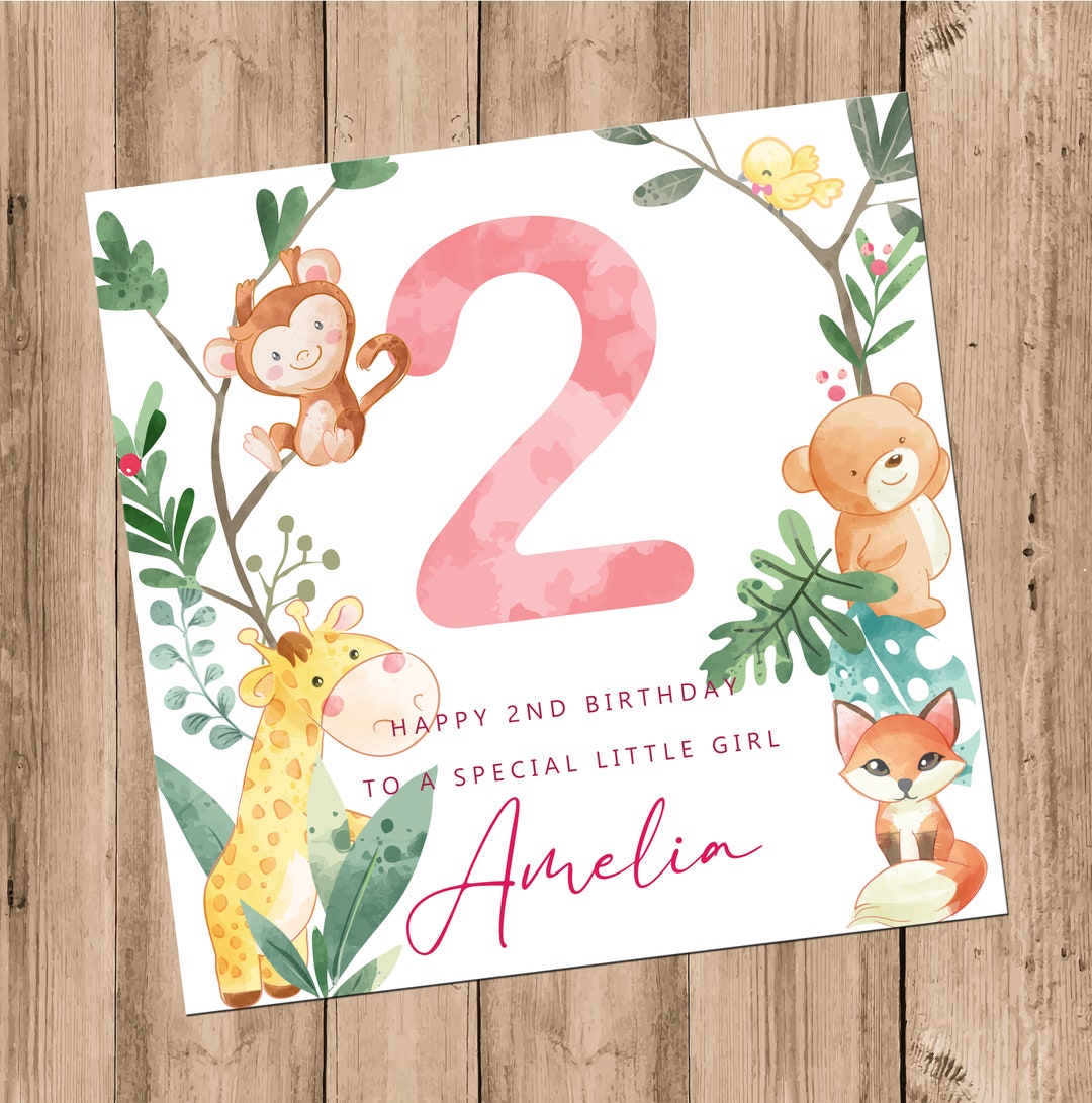 2nd Birthday Card Cute Cuddly Animals, Personalised Pink Girl Age 2 ...