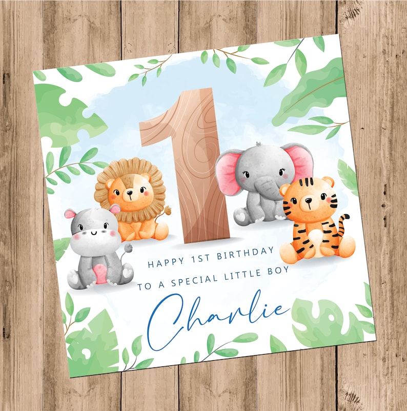 1st Birthday Card Jungle Animals, Personalised Blue Boy Age 1 Card, for ...