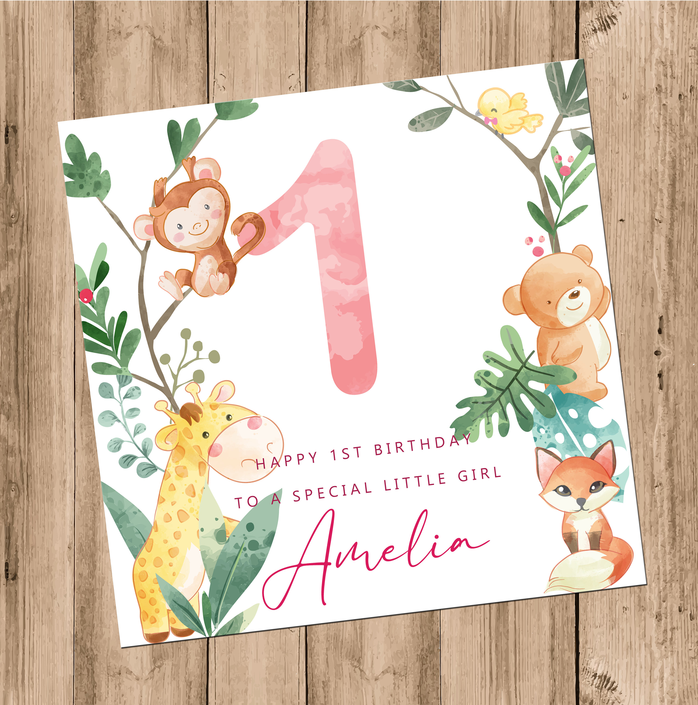 1st Birthday Card Cute Cuddly Animals, Personalised Pink Girl Age 1 ...