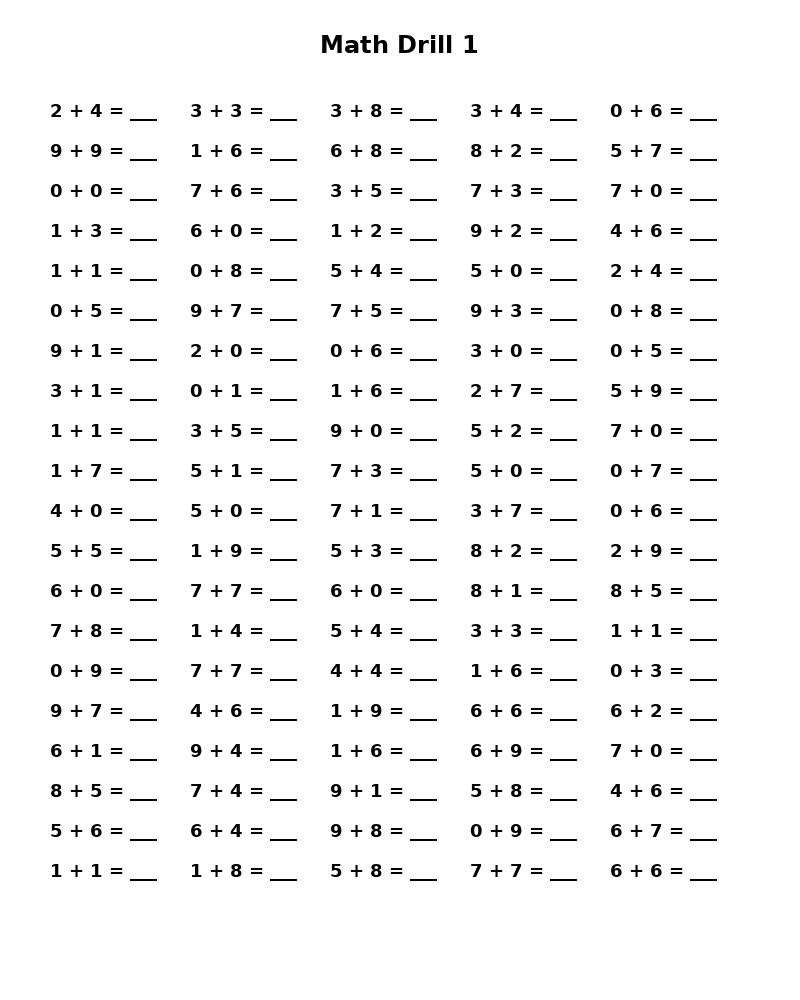 TEN10 Printable Math Addition Exercises for Kids, Numbers 0-9, Quick ...