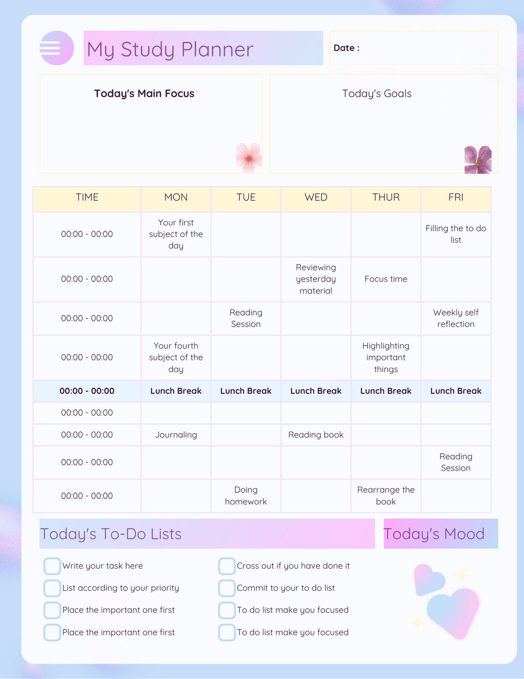 Pastel Study Planner | Printable Daily Study Schedule | Blue and Pink ...