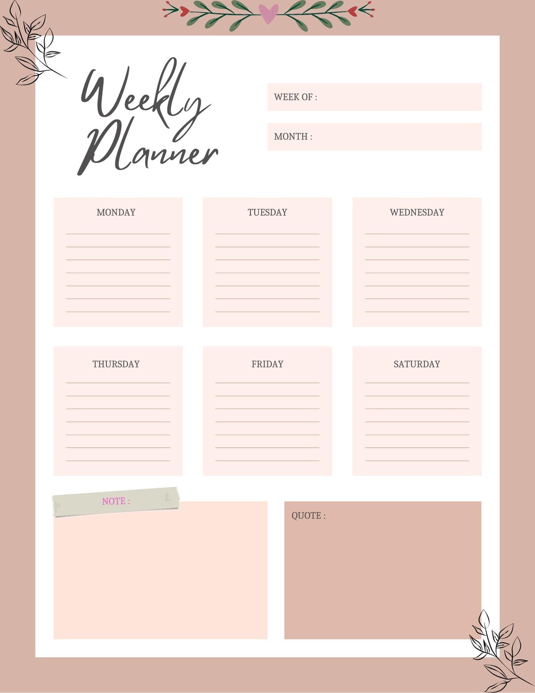 Pink Minimalist Weekly Planner | Printable Weekly Schedule | Undated ...