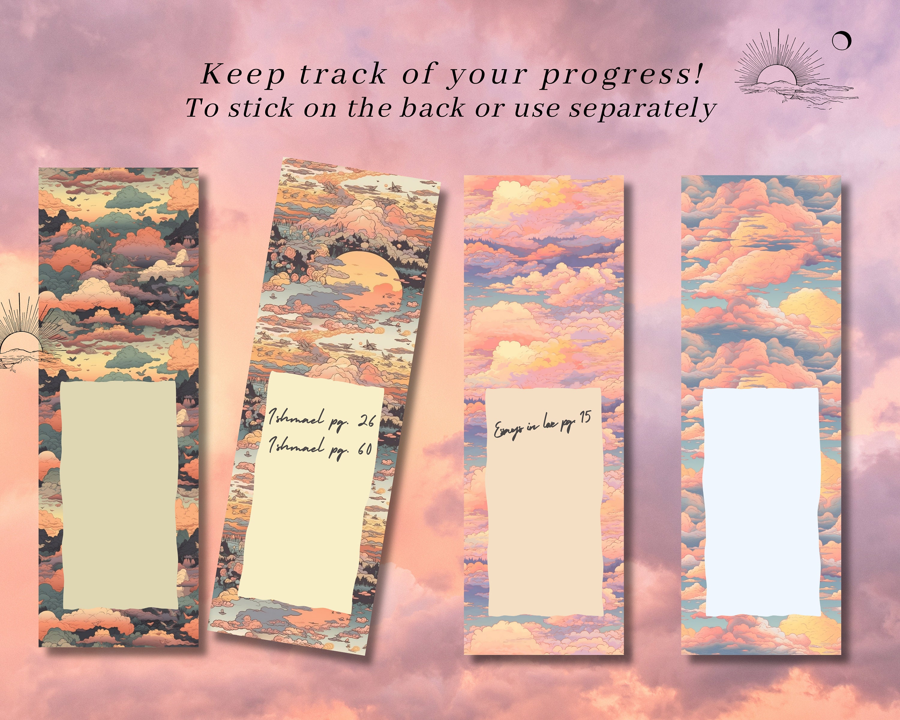 Fillable sunset Bookmark Set Digital Sky Illustration Stationary Unique ...