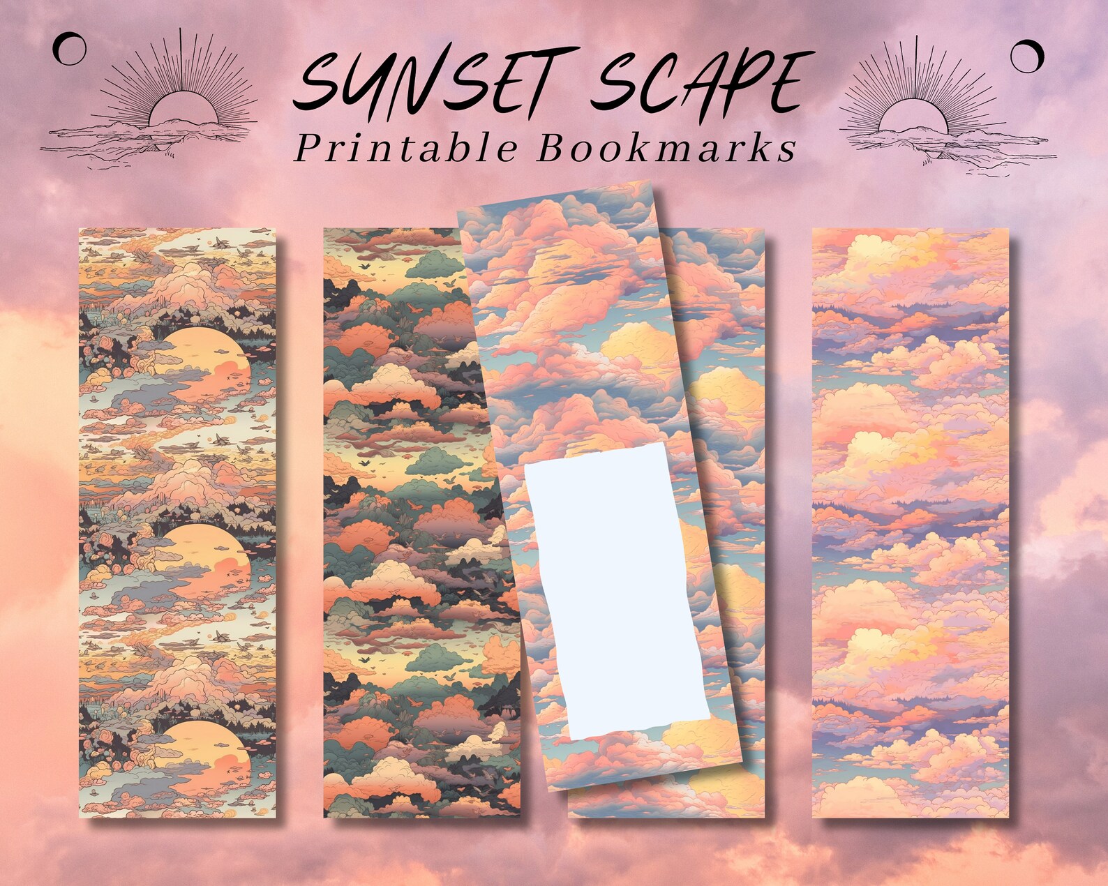 Fillable sunset Bookmark Set Digital Sky Illustration Stationary Unique ...