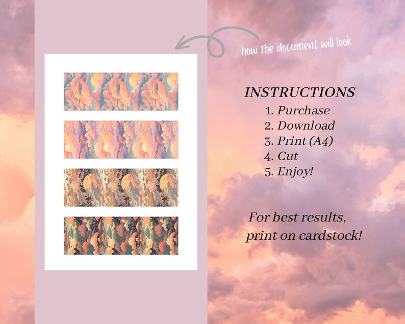 Fillable sunset Bookmark Set Digital Sky Illustration Stationary Unique ...