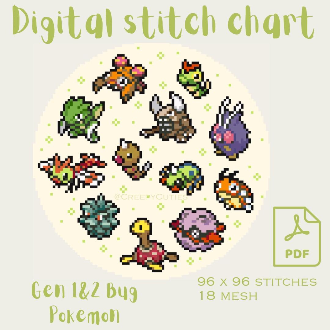 Bug Type Cross Stitch Pattern, Gen 1, Gen 2, Grass, Green, Pastel ...