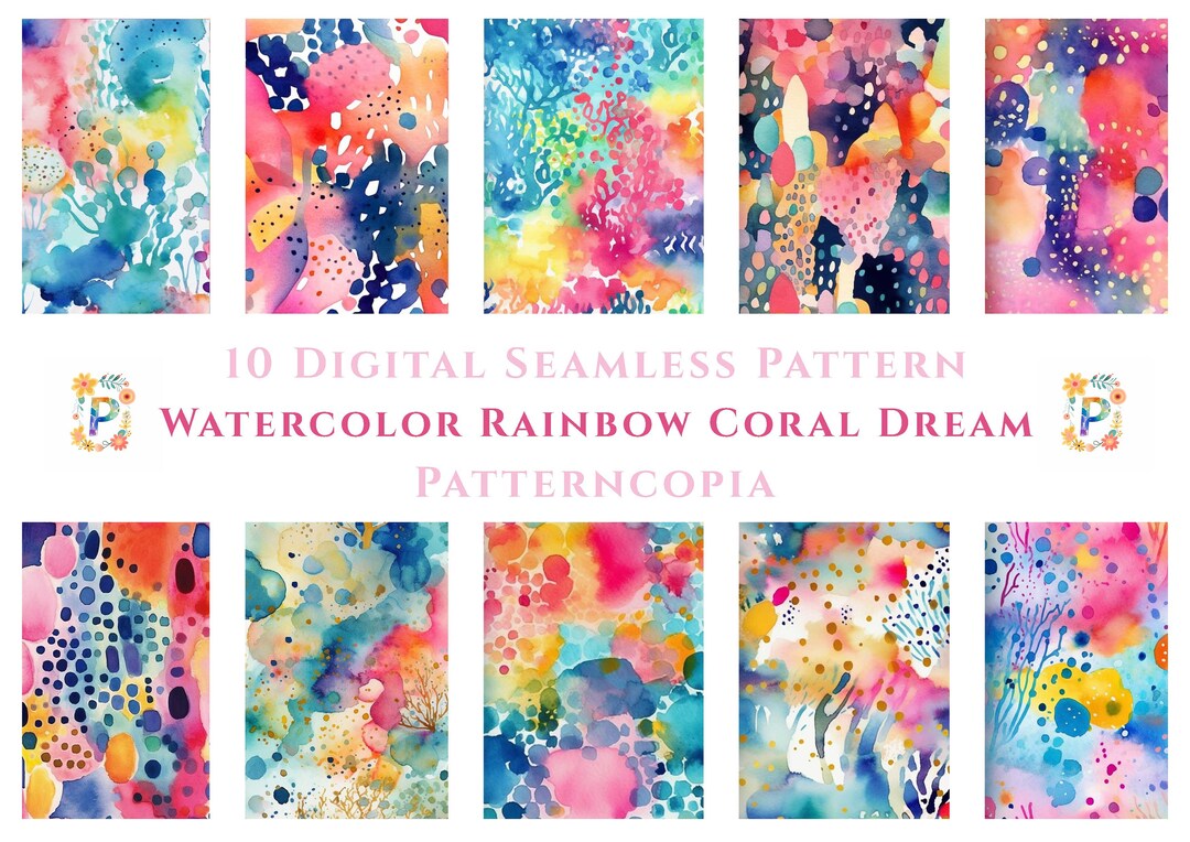 Rainbow Coral Dream Watercolor Seamless Digital Pattern for Backgrounds ...