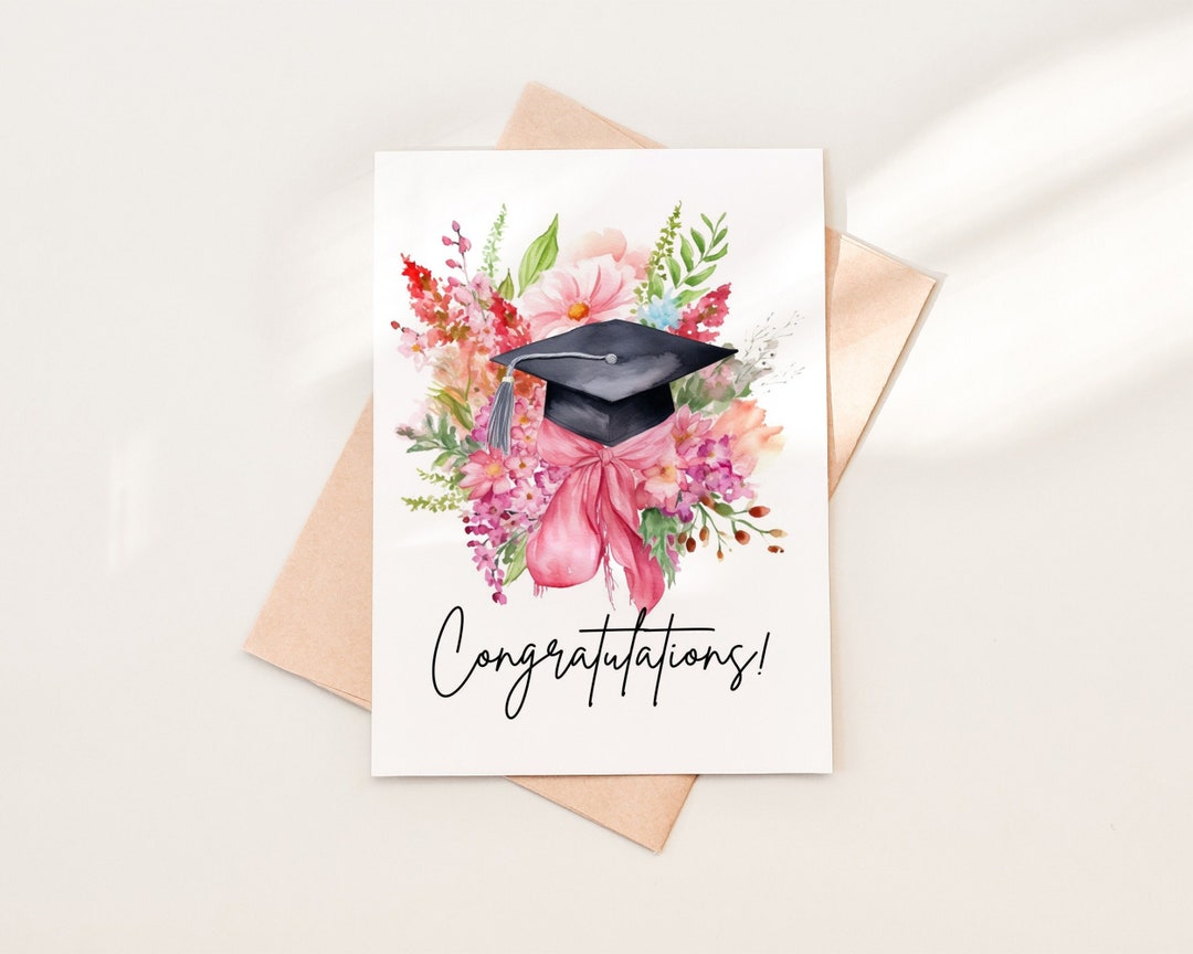 Floral Pink Bow Graduation Cap Congratulations Card Download, Printable ...