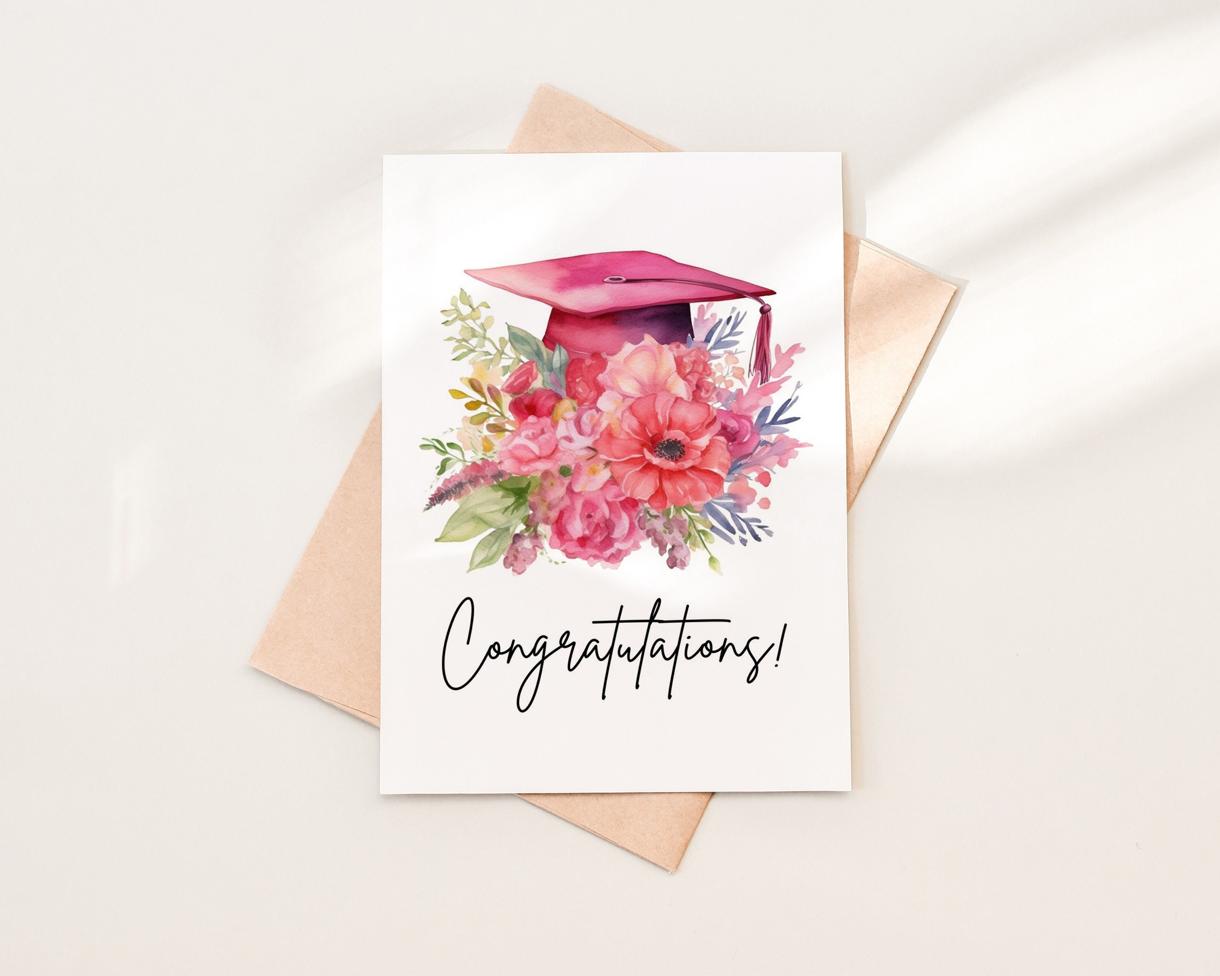 Bright Pink Graduation Cap Floral Congratulations Card Download ...