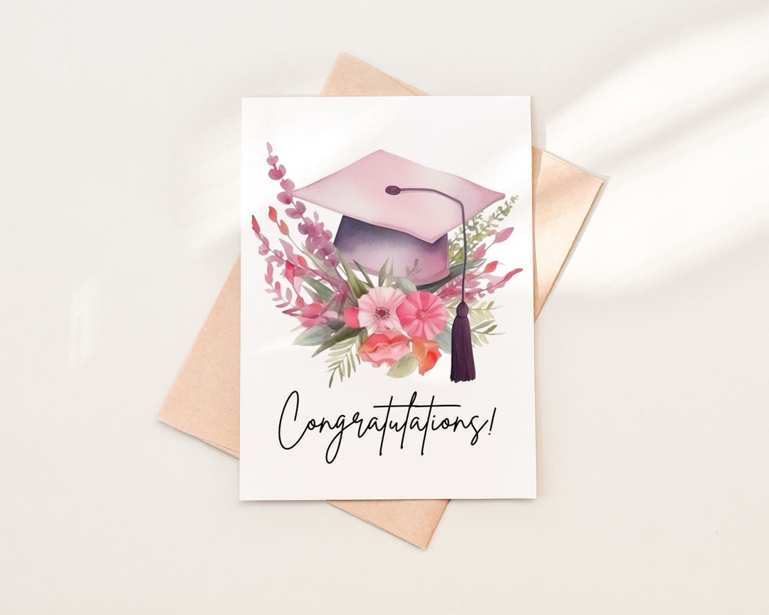 Pink Graduation Cap Floral Congratulations Card Download PDF, Printable ...