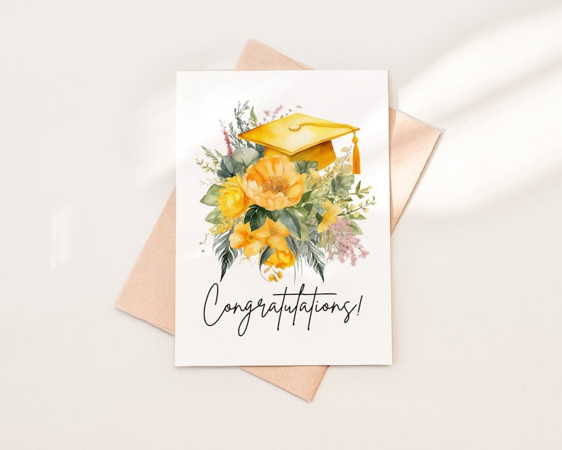 Yellow Floral Graduation Cap Congratulations Card Download, Printable ...