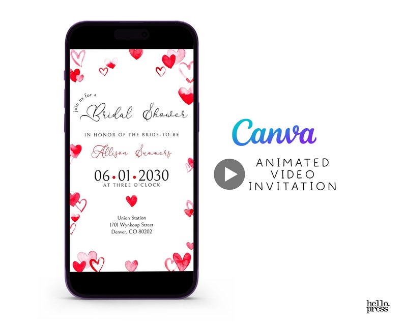 Hearts Love Bridal Shower Animated Invitation Template, Love Wedding Shower Video Invitation ...