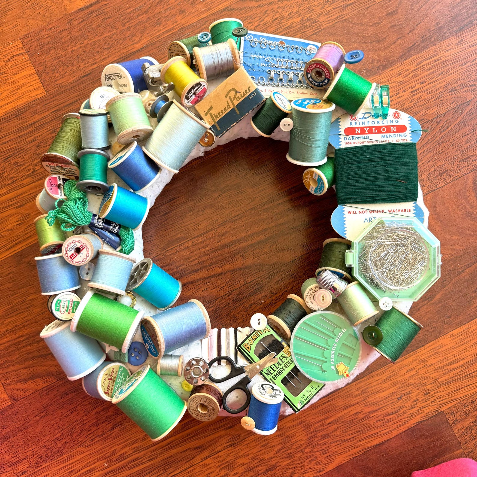 12" Hanging Vintage Sewing Wreath in Green and Blue - Perfect Gift for ...