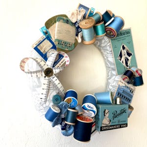 12" Hanging Vintage Sewing Wreath in Blue - Perfect Gift for Quilters ...