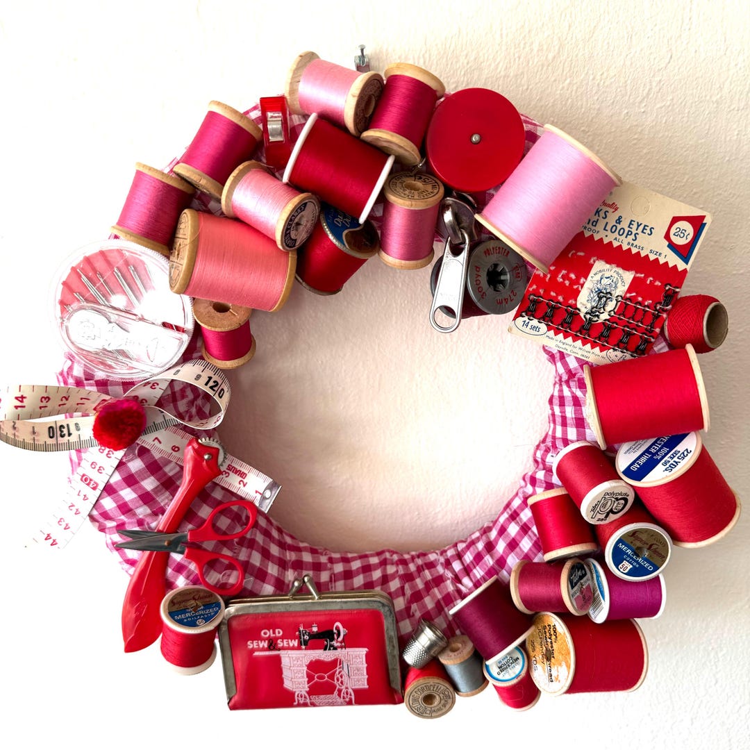 12" Hanging Vintage Sewing Wreath in Red and Pink - Perfect Gift for ...
