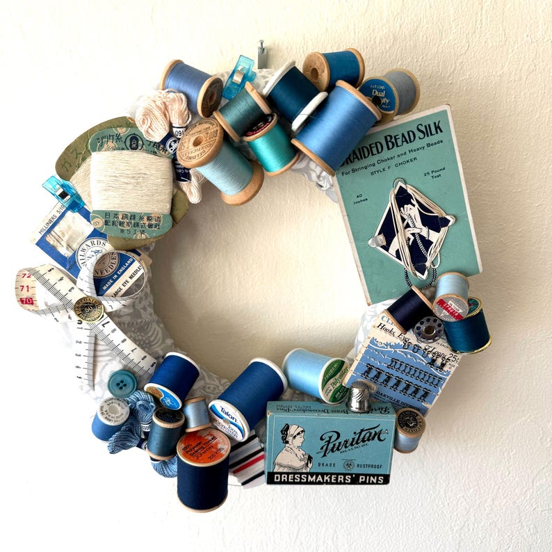 12" Hanging Vintage Sewing Wreath in Blue - Perfect Gift for Quilters ...